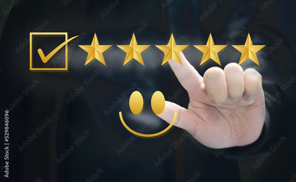 Customer satisfaction concept. Thumbs up for positive emotion smiley ...