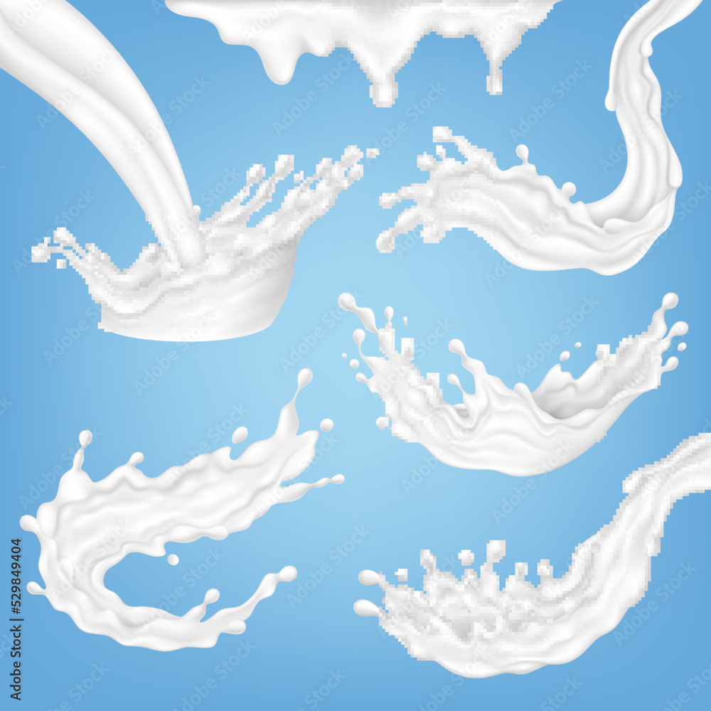 Milk realistic splatter and splashes. Isolated white liquid drops ...