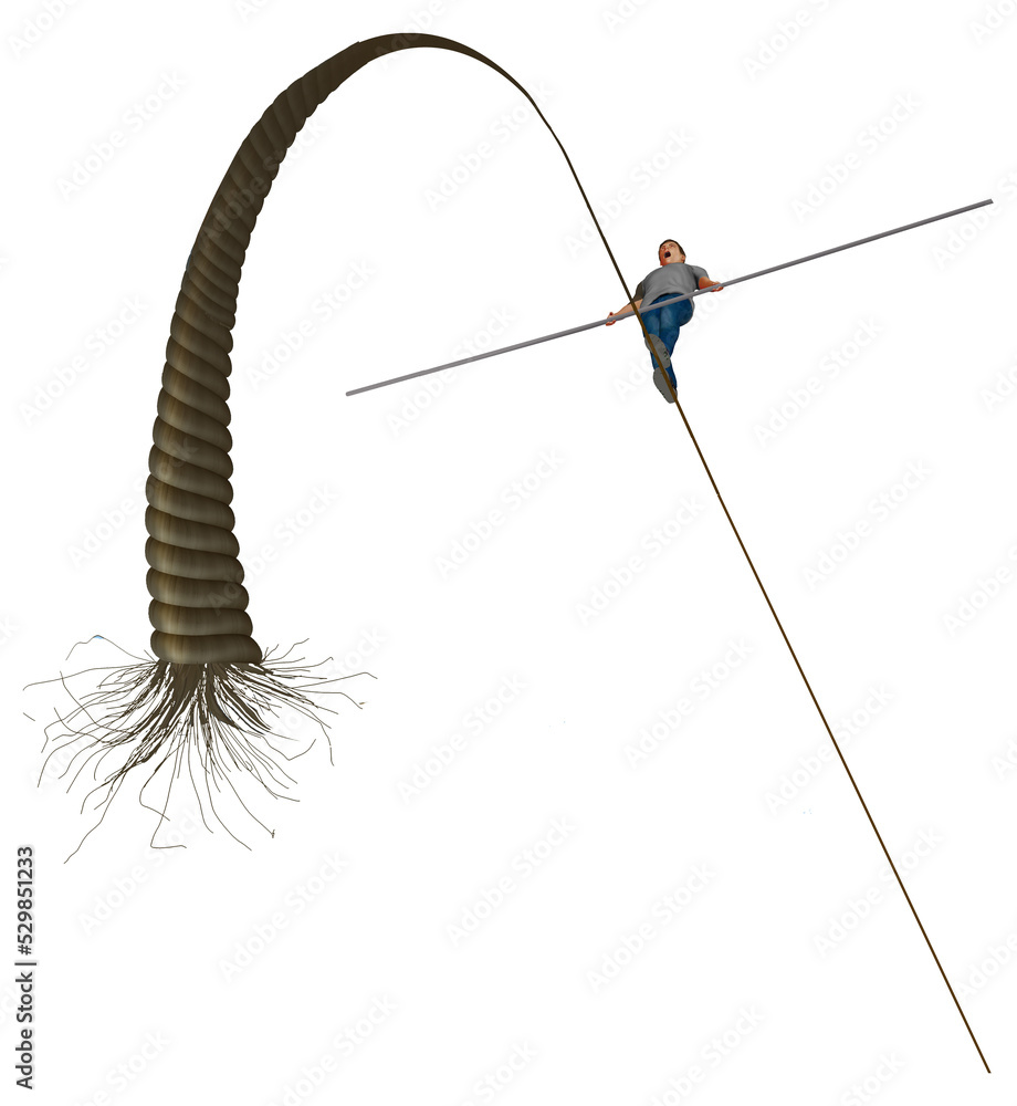 A tight rope walker is seen overhead and his high wire has snapped ...