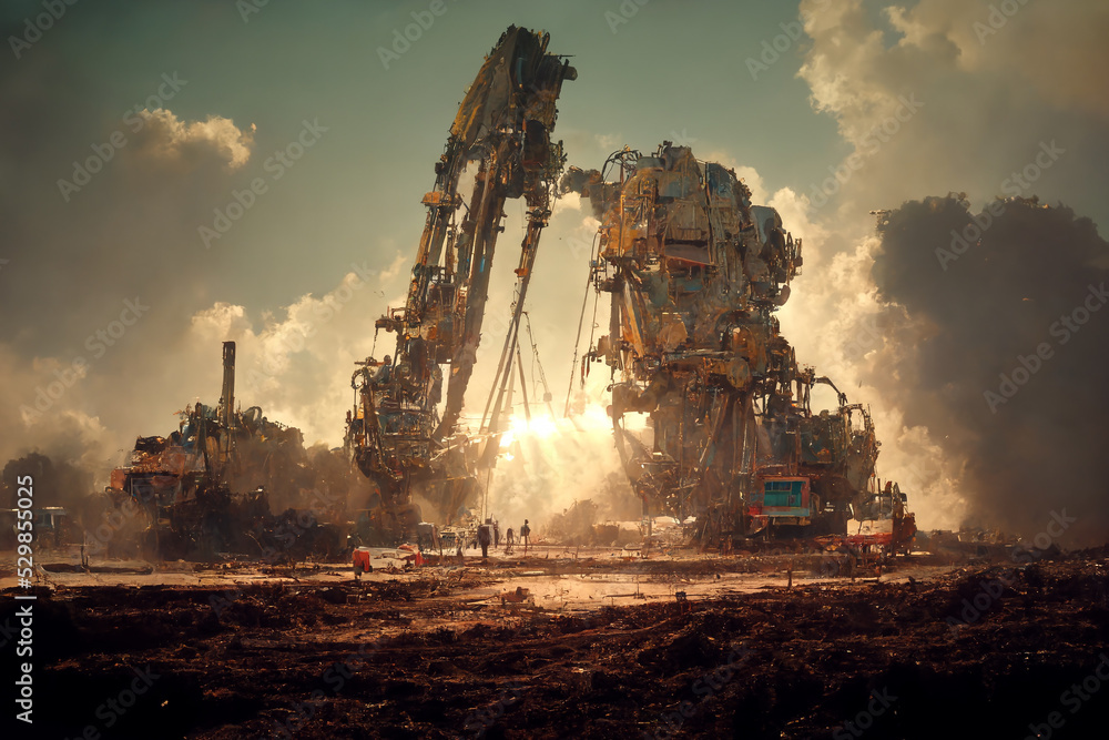 Landscape of earth planet surface with ai robotic construction ...