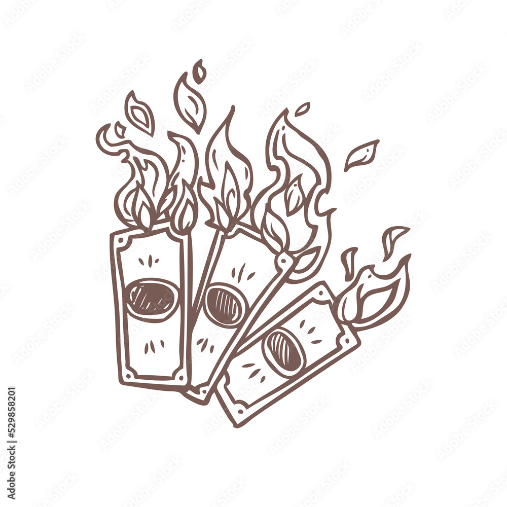Burning paper money sketch vector illustration - doodle banknotes in ...
