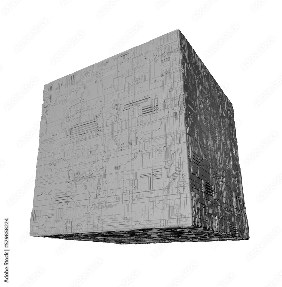 sci-fi futuristic metal cube render. Abstract Science fiction 3d flying ...