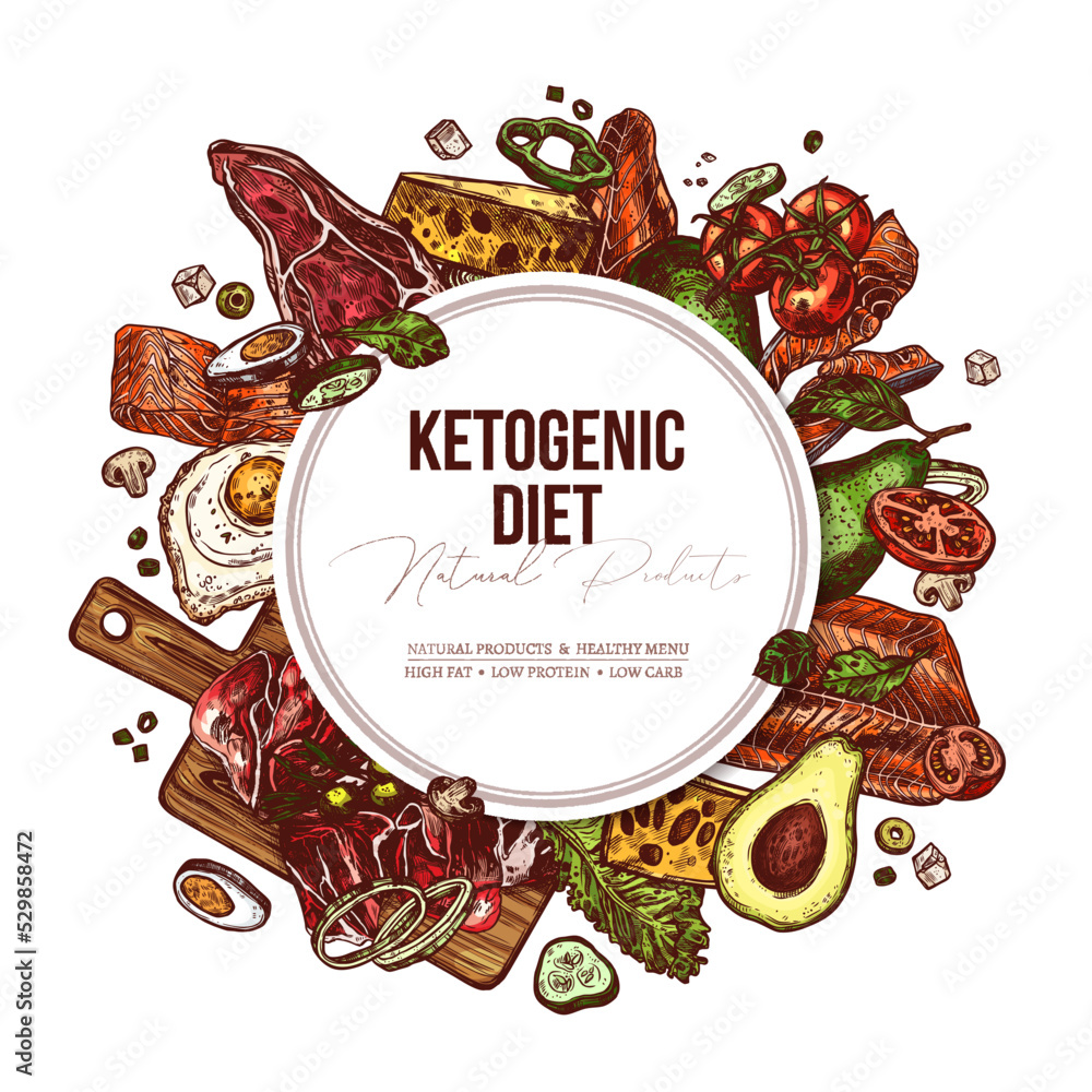 Ketogenic diet sketch banner - various keto meals formed into circle ...