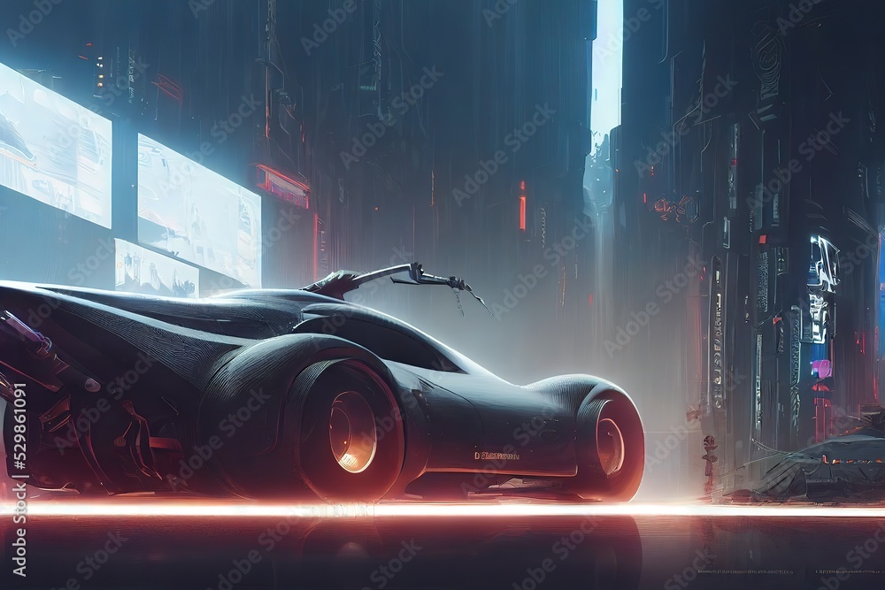 Futuristic sports car on a neon highway. Powerful acceleration on a ...