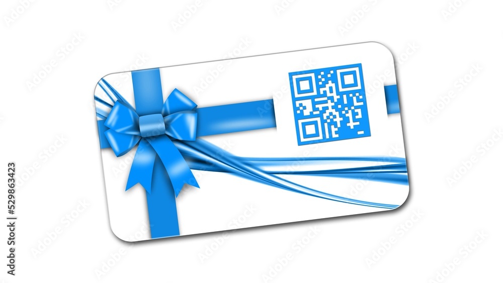 QR code on voucher card with blue ribbon and bow isolated on white ...
