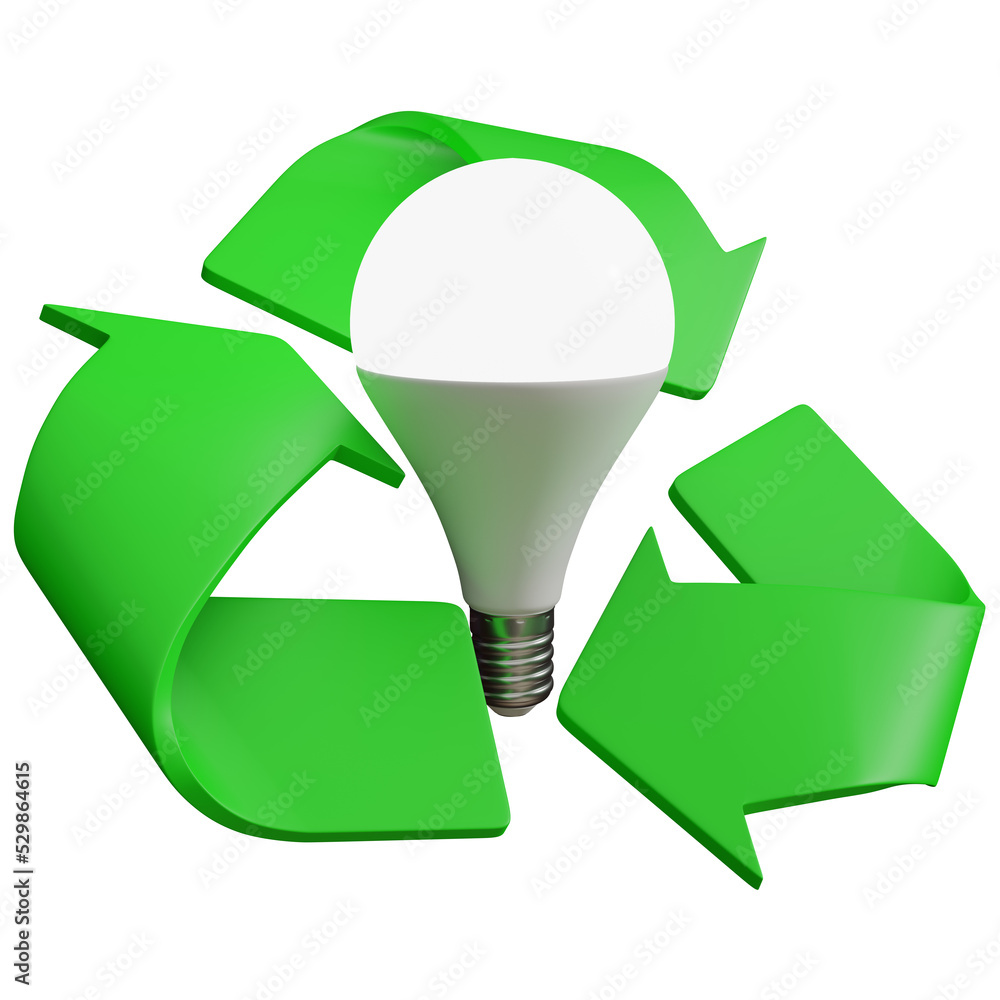3d rendering of led light bulb with green recycling symbol around with ...