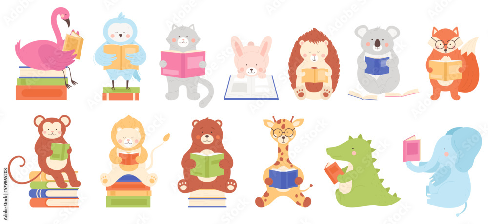 Cute animal characters read books set vector illustration. Cartoon ...