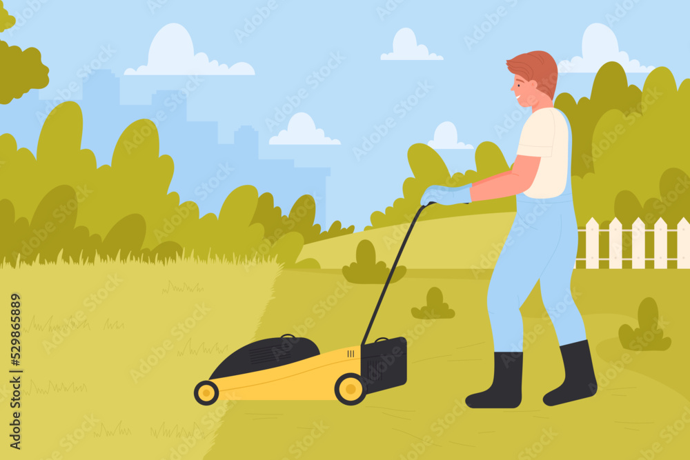 Landscaping maintenance service vector illustration. Cartoon man ...