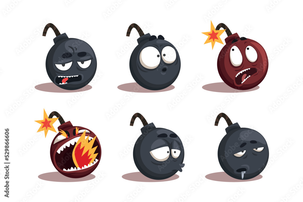 Cartoon Bomb with Burning Fuse with Spark Ready to Explode Vector Set ...
