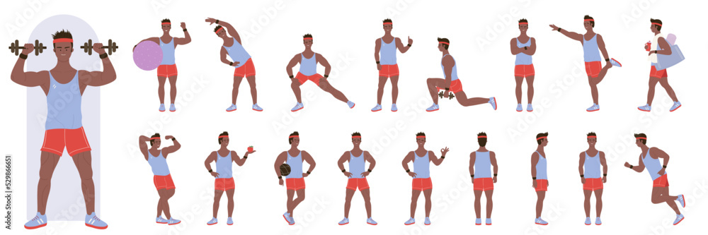 Cartoon man fitness instructor training, showing physical exercises ...
