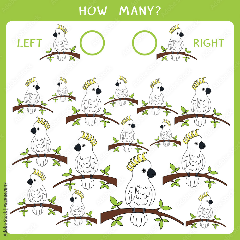 Simple educational game for kids. Count how many birds look to the left ...