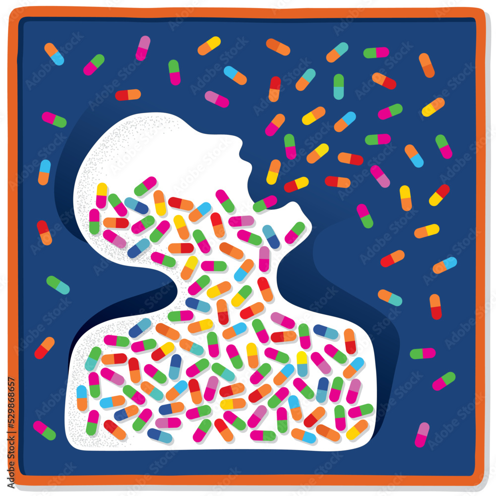 Abusing medicines, schematic illustration of human figure swallowing ...