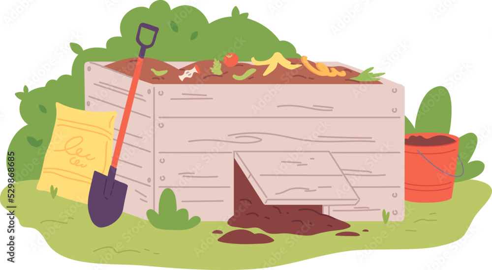 Compost box. Humus organic material in wood bin, decomposition ...