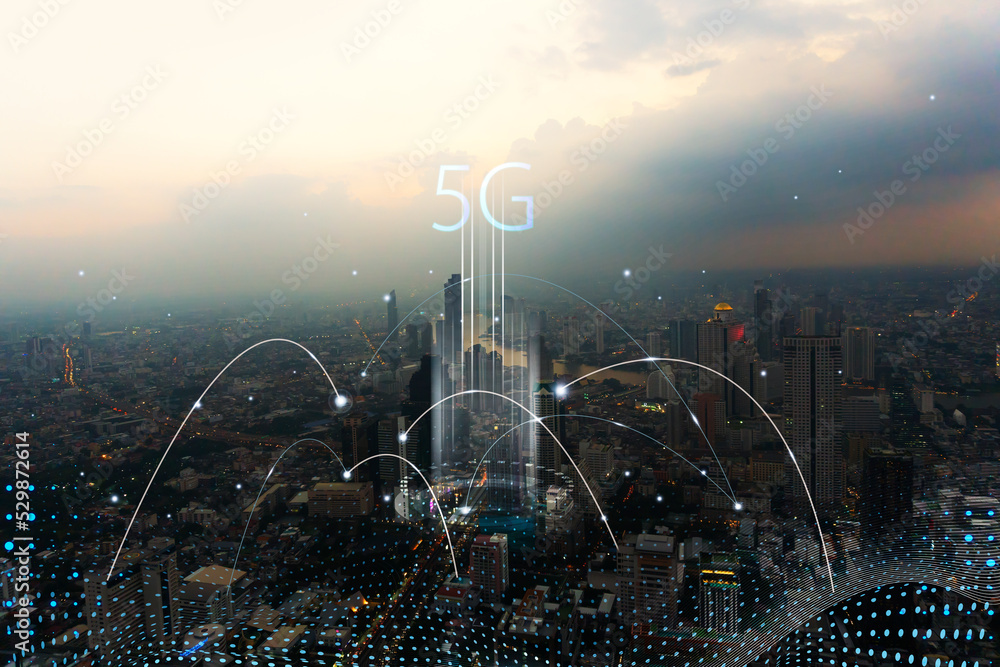 5G network connection technology and smart city concept. Aesthetic ...