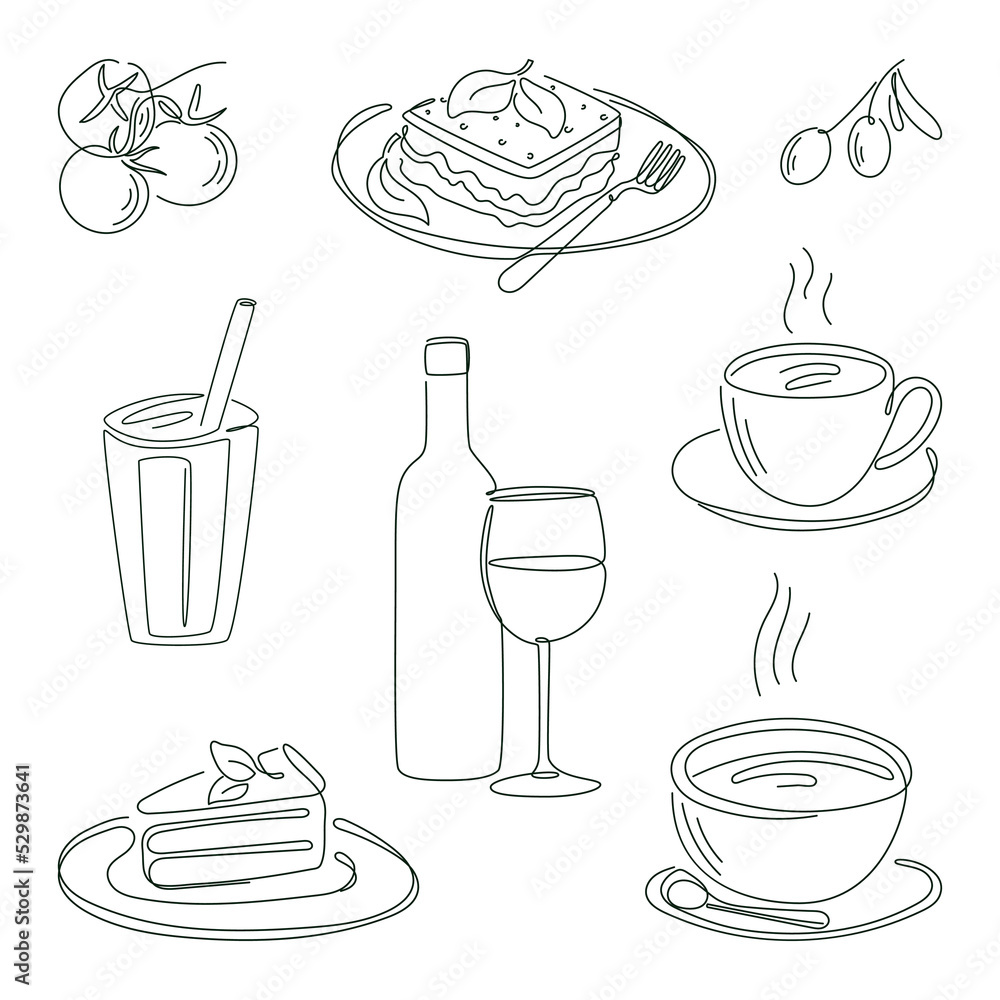 Set of isolated food vector illustrations in line art style with ...