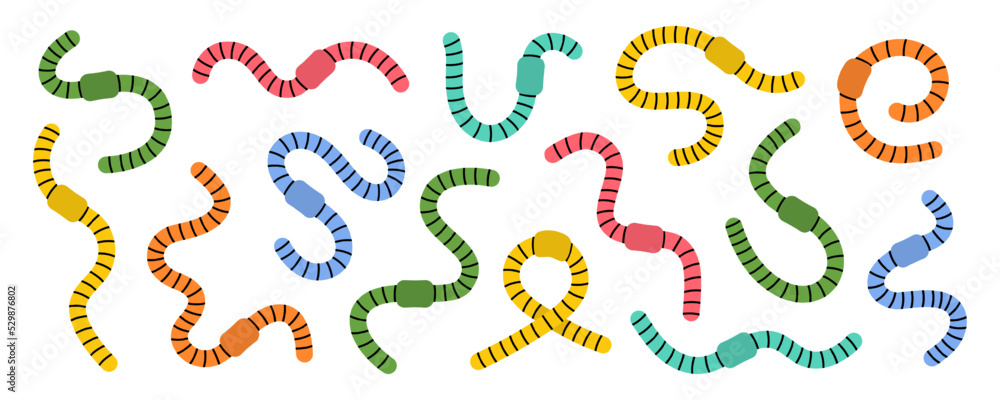 Set of colored curled earthworms. Compost earthworms line illustration ...