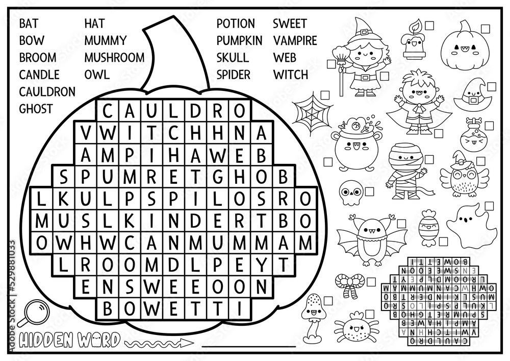 Vector black and white Halloween pumpkin shaped word search puzzle for ...