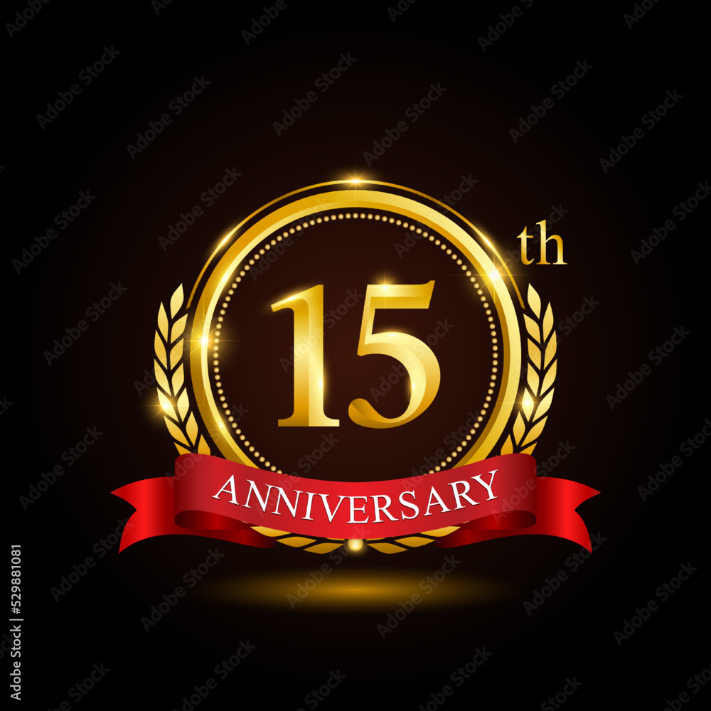 15th golden anniversary template design, with shiny ring and red ribbon ...