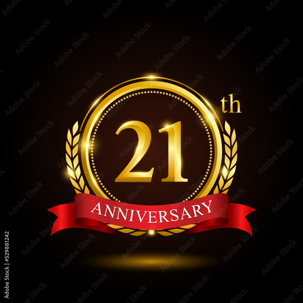 21th golden anniversary template design, with shiny ring and red ribbon ...