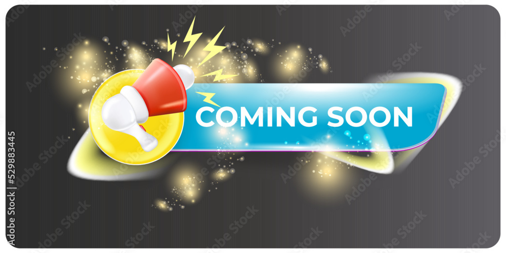 Coming soon horizontal banner with megaphone and button on grey modern ...