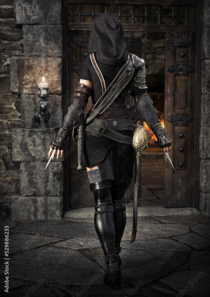 Mysterious silent rogue assassin female piercing through the darkness ...