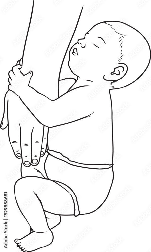 Newborn baby holding dad's hand, line vector baby shower illustration ...