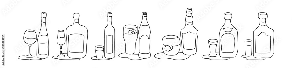 Wine liquor vodka beer whiskey tequila rum bottle and glass outline ...