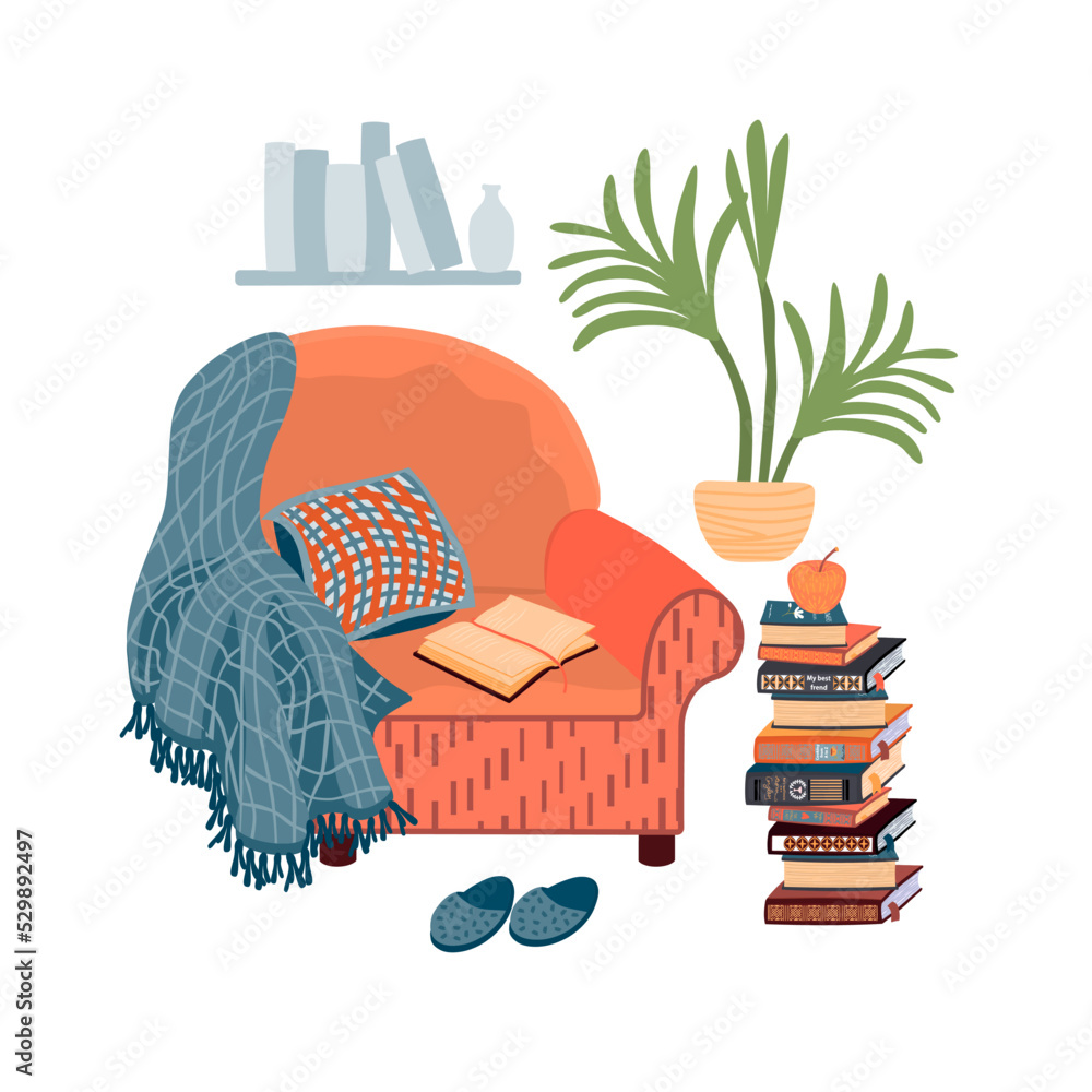 Armchair with blanket and pillow, stack of books, houseplant, apple and ...