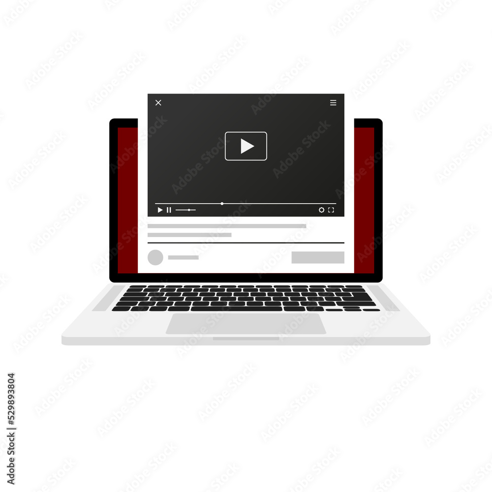 Laptop play in 3d style. Social media concept. Laptop flat vector icon ...