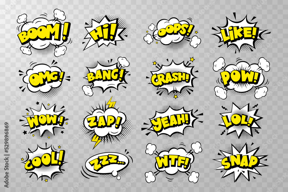 Set icon comic speech bubbles with cloud, stars, rays and halftone effect on transparent ...