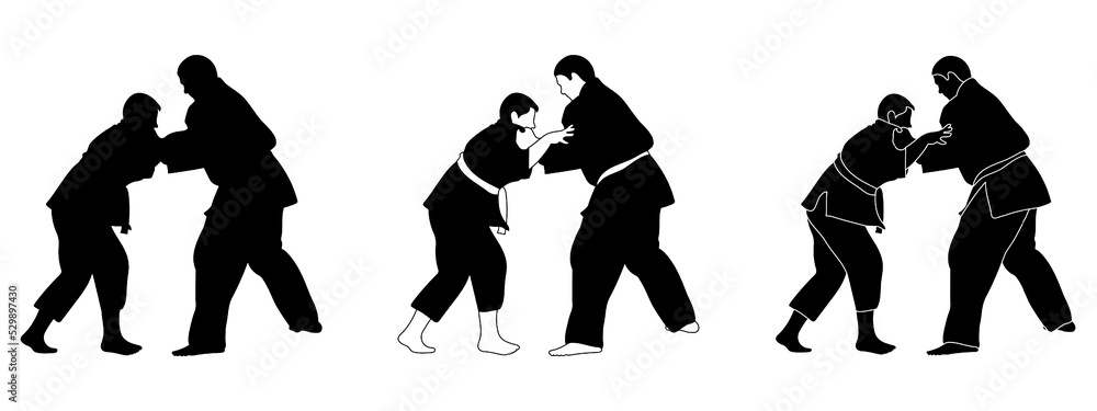 Silhouettes judoist, judoka, fighter in a duel, fight, judo sport ...
