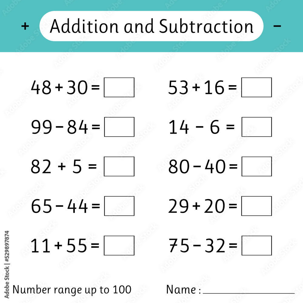 Addition and Subtraction. Number range up to 100. Math worksheet for ...