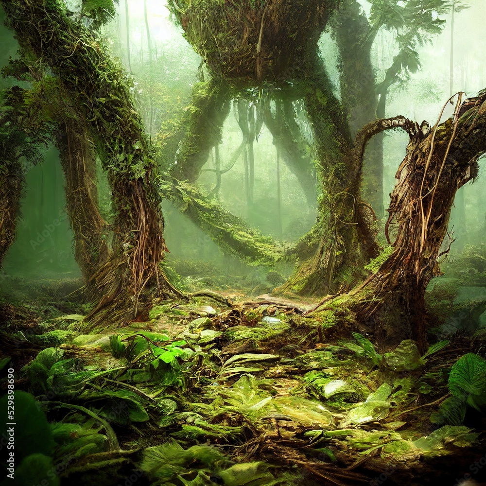 Poster abandoned places overgrown with jungle, post-apocalypse ...