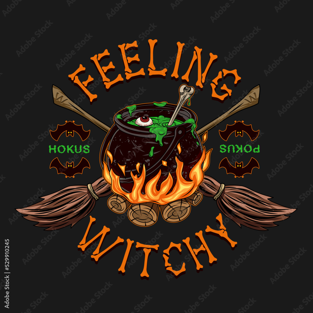 Label with witchy cauldron with bubbling green liquid on the bonfire, bone, crossed brooms ...