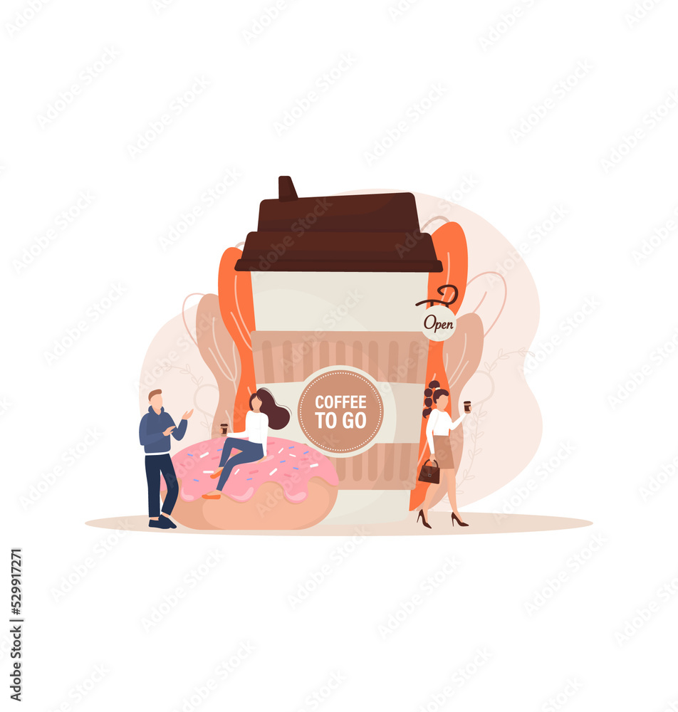 Flat illustration with coffee to go people. Cartoon people illustration ...