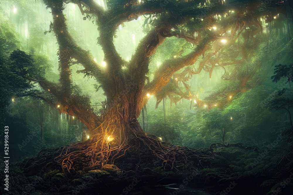 Dark dense forest the sun's rays pass through the trees, shadows. Big ...