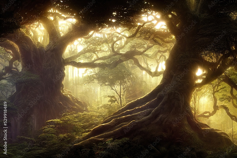 Dark dense forest the sun's rays pass through the trees, shadows. Big ...