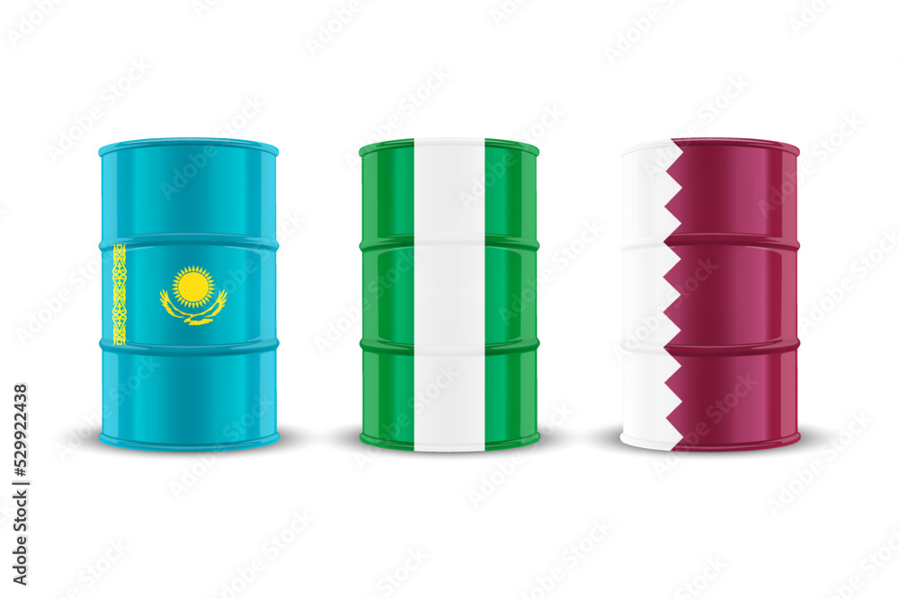 Kazakhstan, Nigeria, Qatar Oil Barrels. Vector 3d Realistic Metal ...