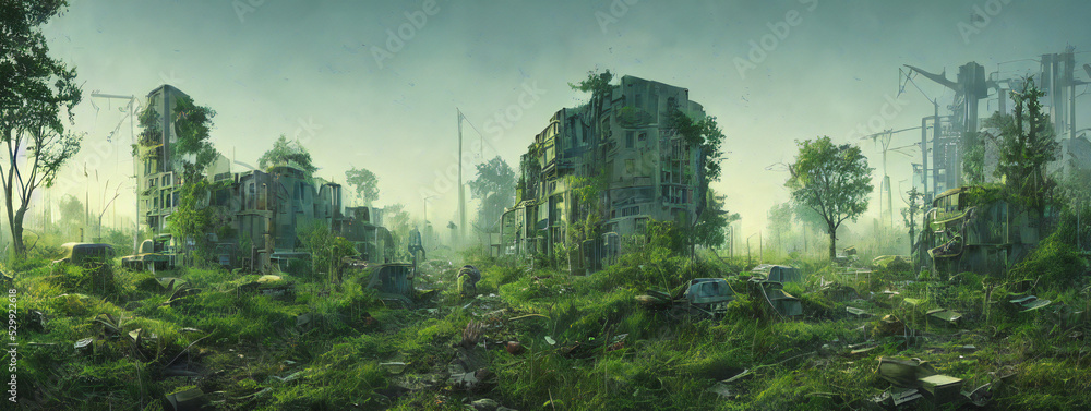 post-apocalyptic city, dystopic overgrown buildings, banner format ...