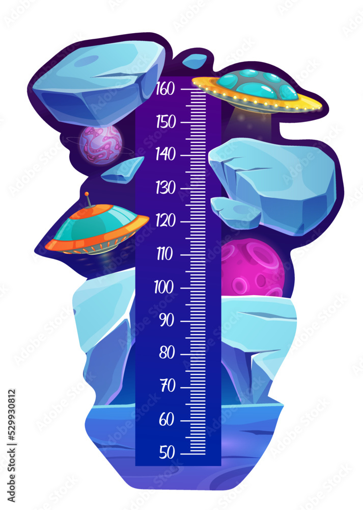 Space planet surface and UFO on kids height chart or growth meter ...