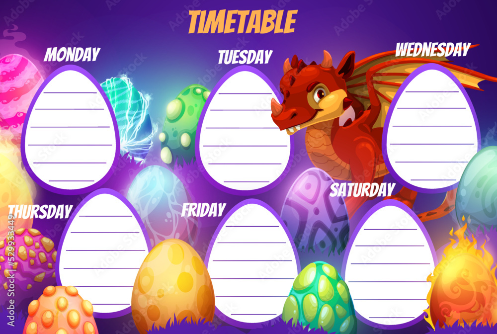 Timetable schedule. Cartoon red dragon with egg in fairy cave on kids ...