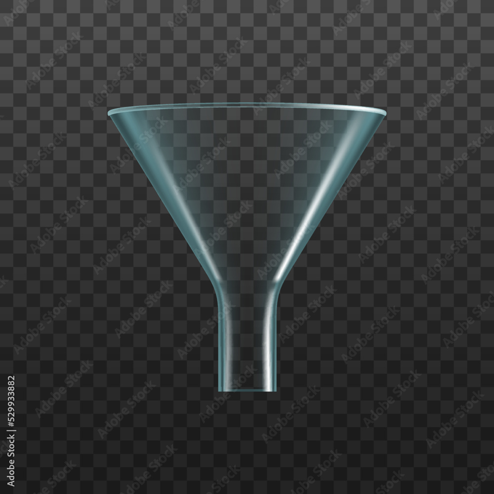 Glass funnel, isolated vector laboratory glassware. Realistic ...