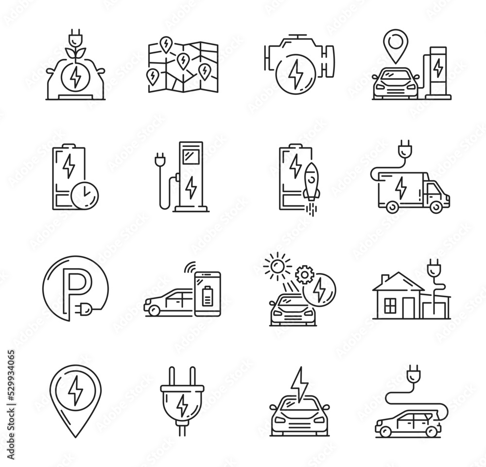 Electric car charge outline icons, vehicle station battery plug, vector ...