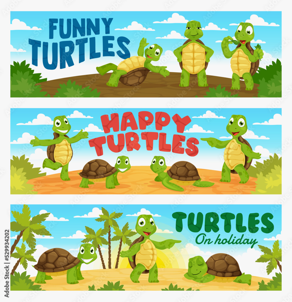Cartoon turtles, cute tortoise animal characters. Vector banners with ...