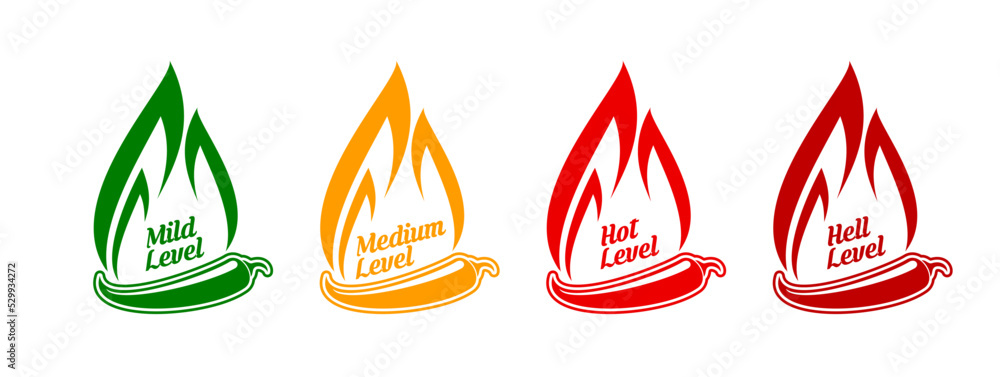 Spicy level labels with flames and hot chili peppers. Vector food ...