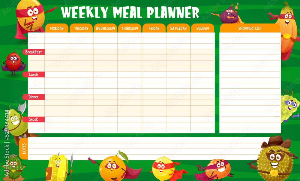 Weekly meal planner vector with cartoon fruit superhero and defender ...