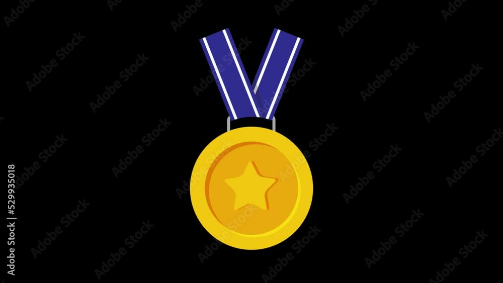 Animated Yellow Gold medal with blue and white ribbon, award gold medal ...