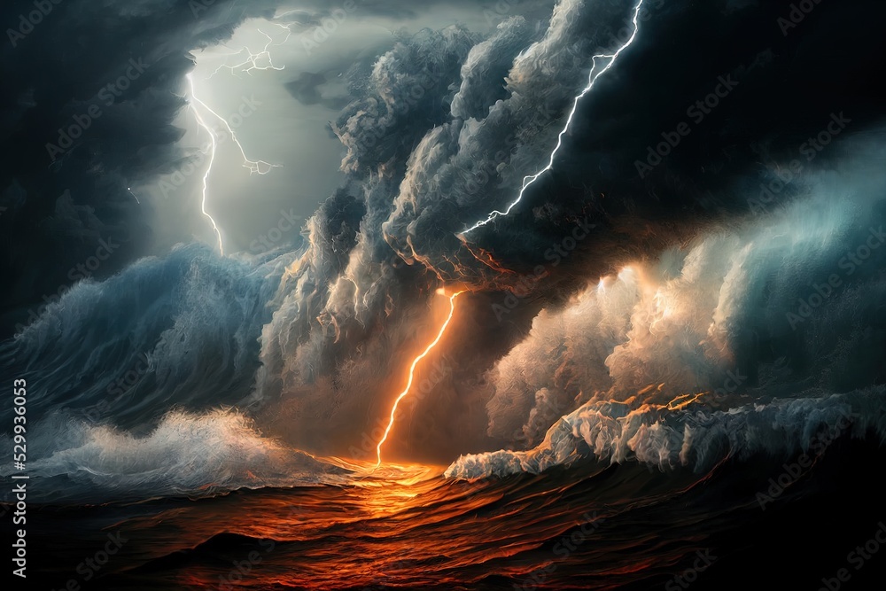 Bright lightning in a raging sea. A strong storm in the ocean. Big ...