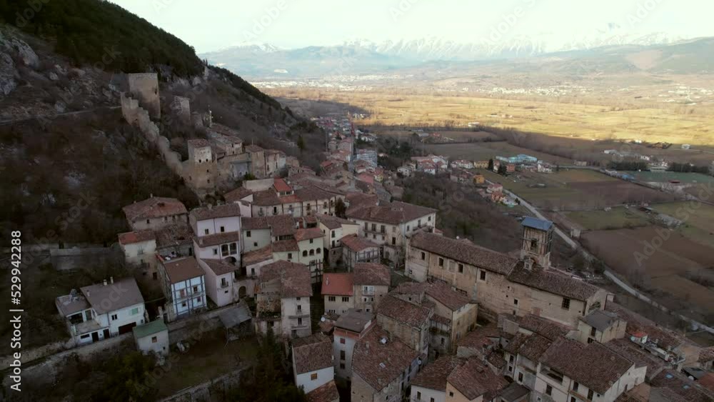 Aerial video of the abandoned ghost town Fossa, in Italy. The town is ...
