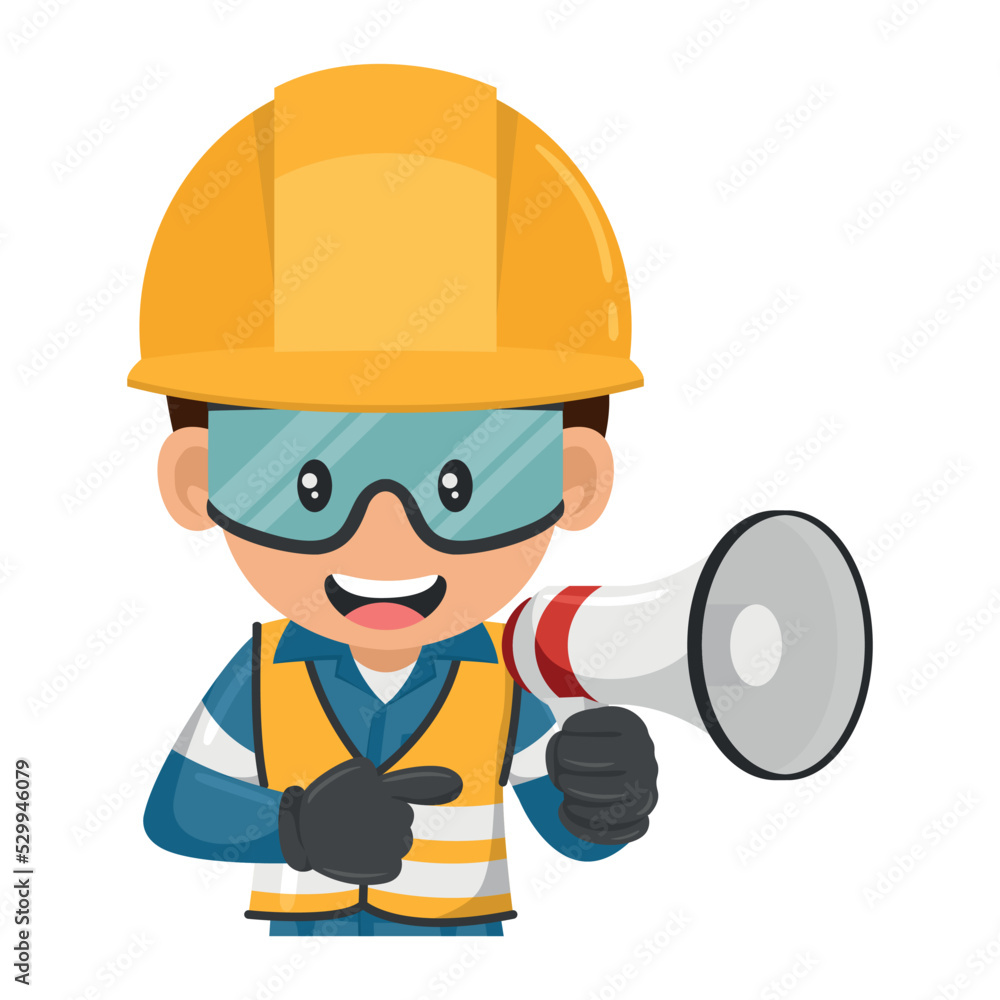 Industrial worker making an announcement with a megaphone. Site ...